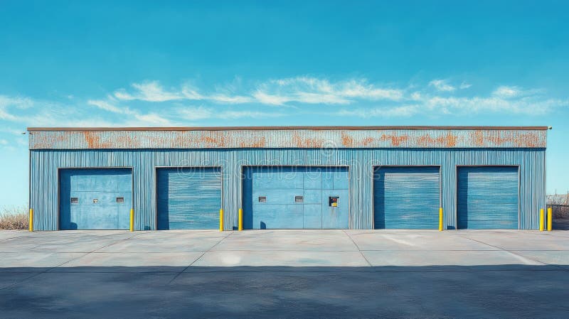 Rustic Blue Storage Facility with Multiple Garage Doors and Yellow ...