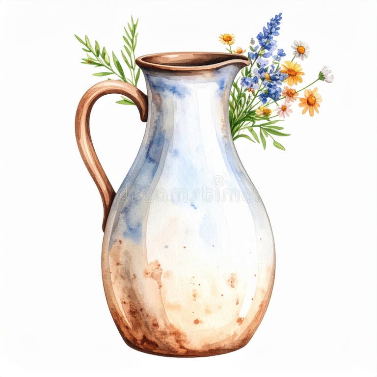 Rustic Blue and White Pitcher with Watercolor Wildflowers Stock ...