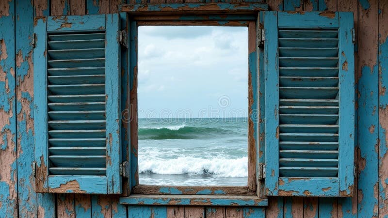 Rustic Blue Window Frames Tranquil Ocean View with Crashing Waves Stock ...