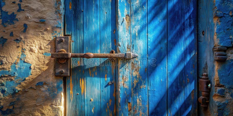 Rustic Blue Wooden Door with Weathered Paint and Old Iron Latch in ...