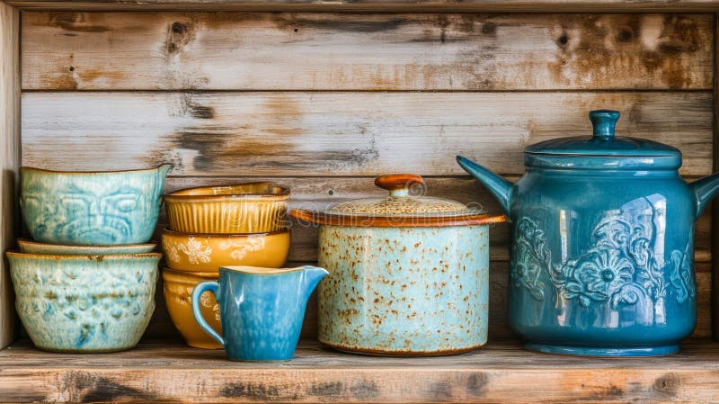 Rustic Blue and Yellow Pottery Collection on Wooden Shelf Stock ...
