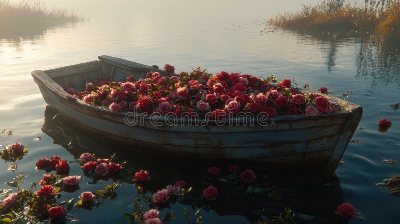 Rustic Boat Filled with Roses on Misty Lake at Sunrise Stock Photo ...