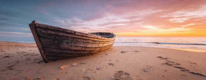 The Rustic Boat Resting on the Sandy Beach at Sunset. AI Generated ...