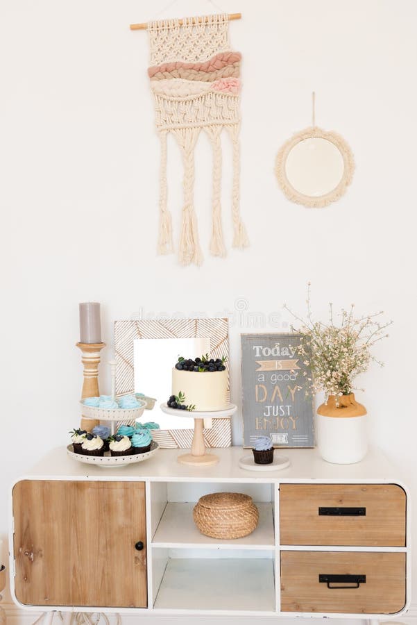 Rustic, Boho Candy Bar. Table With Cake, Cupcakes And Different Sweets ...