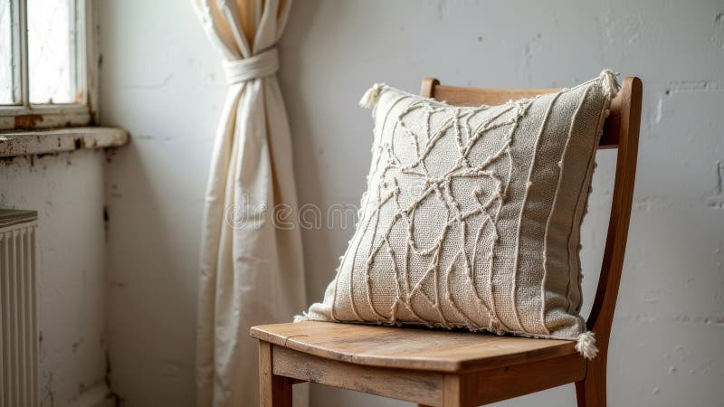 Rustic Boho Decor: Textured Knitted Cushion on Wooden Chair by Window ...