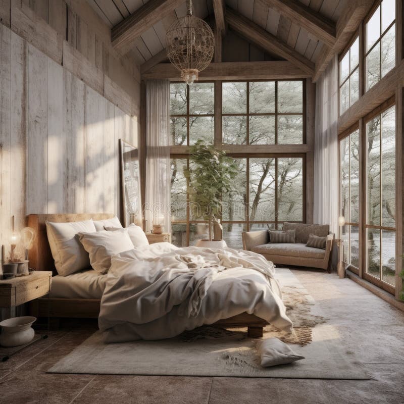 Rustic, Boho Interior Design of Modern Bedroom in Farmhouse Stock ...
