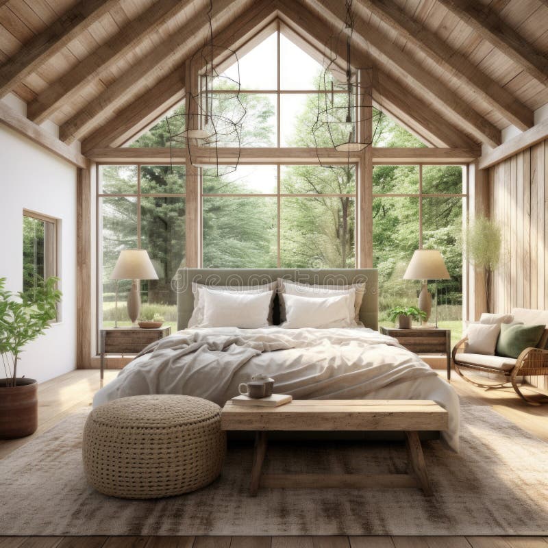 Rustic, Boho Interior Design of Modern Bedroom in Farmhouse Stock ...