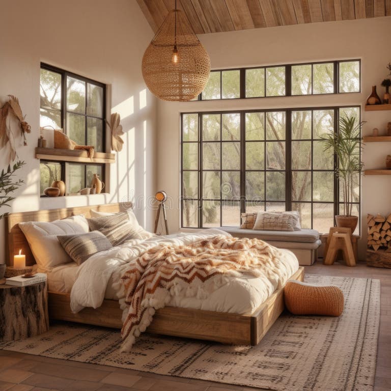 Rustic, Boho Interior Design of Modern Bedroom in Farmhouse Stock ...