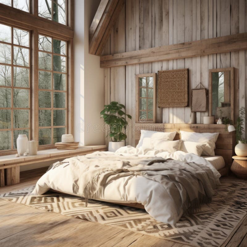 Rustic, Boho Interior Design of Modern Bedroom in Farmhouse Stock ...
