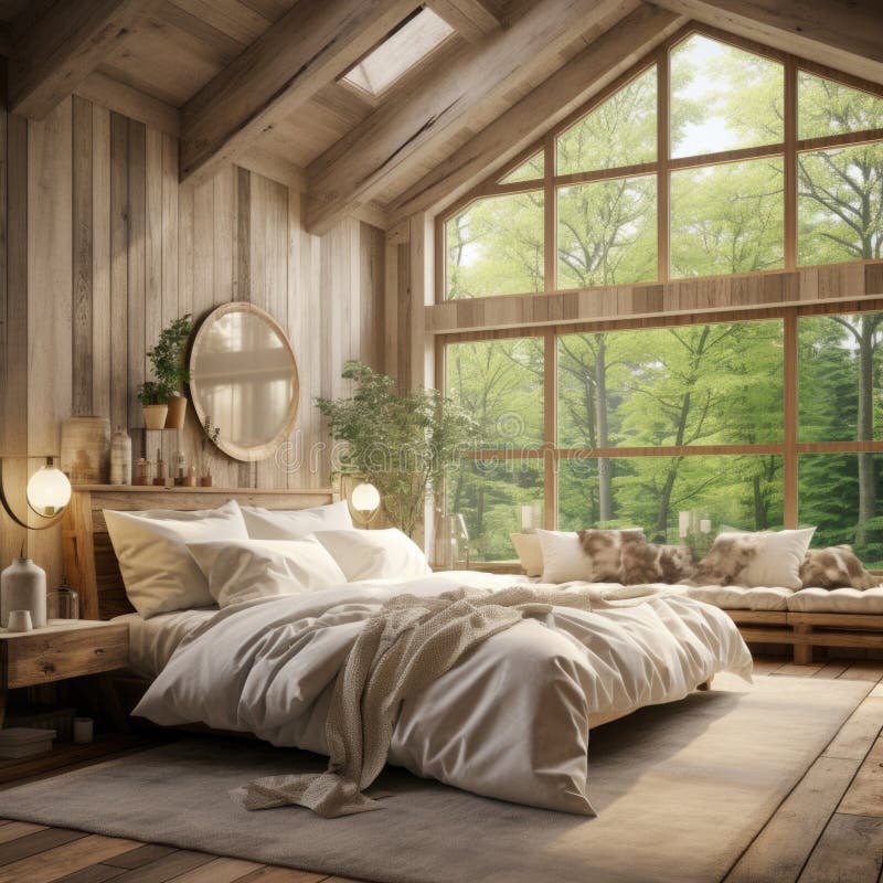 Rustic, Boho Interior Design of Modern Bedroom in Farmhouse Stock ...