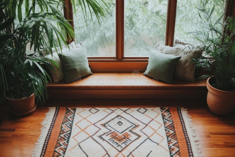 Cozy Rustic Boho Living Room with Large Windows, Eclectic Cushions, and ...