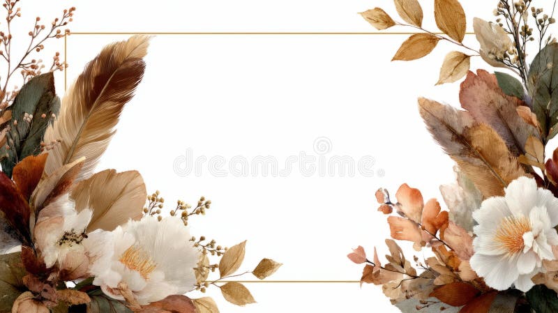 Rustic Boho Watercolor Frame with Feathers and Leaves, Soft Brown ...