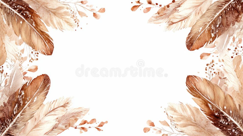 Rustic Boho Watercolor Frame with Feathers and Leaves, Soft Brown ...