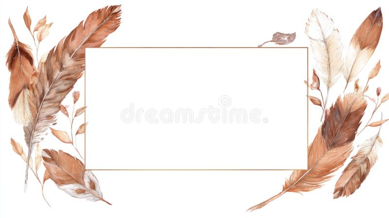 Rustic Boho Watercolor Frame with Feathers and Leaves, Soft Brown ...