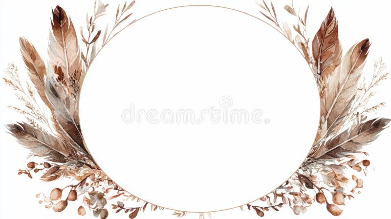 Rustic Boho Watercolor Frame with Feathers and Leaves, Soft Brown ...