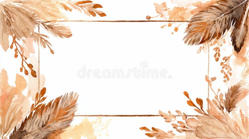 Rustic Boho Watercolor Frame with Feathers and Leaves, Soft Brown ...