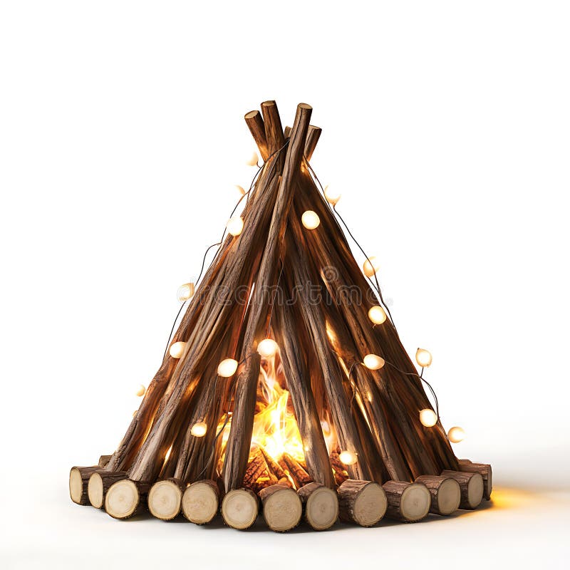 Rustic Bonfire with Log Structure and String Lights, Perfect for a Cozy ...