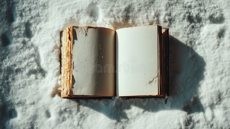 A Rustic Book with Blank, Aged Pages Lying Open on Immaculate Snow ...