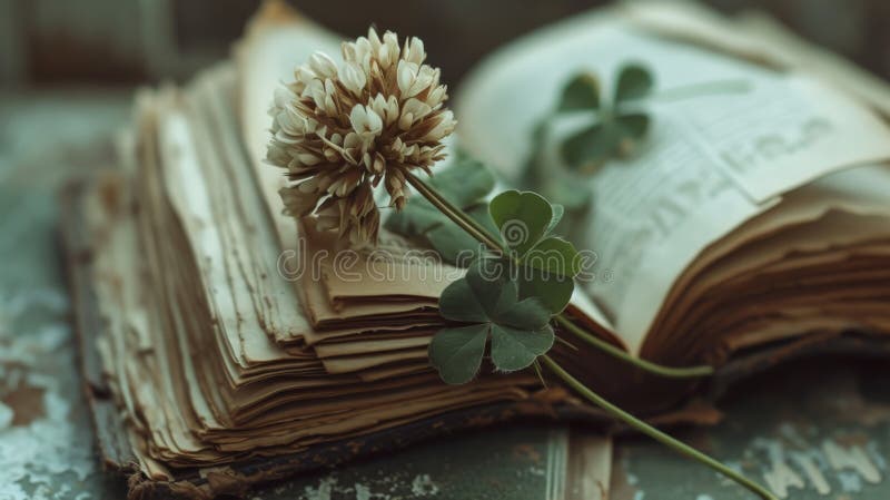 Rustic Book with Clover and Worn Pages in Natural Light Stock Image ...
