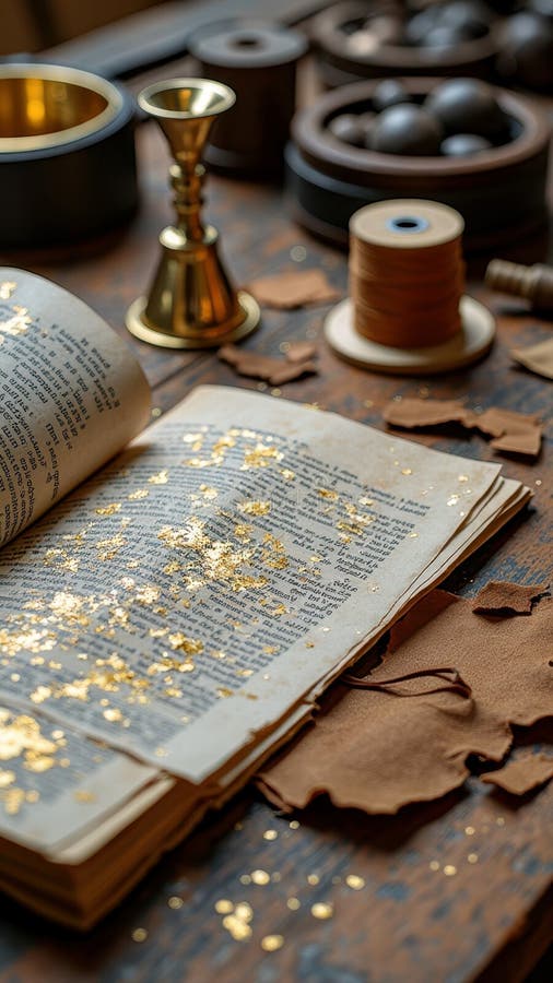 Rustic Book with Gold Leaf and Leather on Wooden Table in Vintage ...