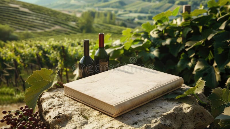 A Rustic Book Mockup Displayed on a Stone Table in a Lush Vineyard ...