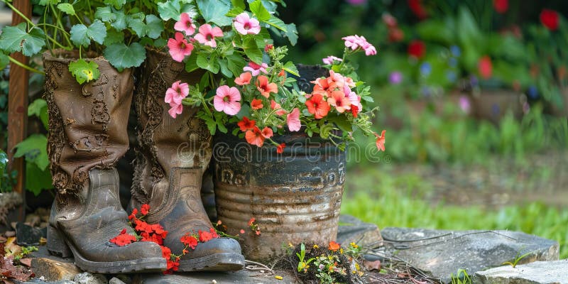 Rustic Boots Flower Planter Stock Illustration - Illustration of ...