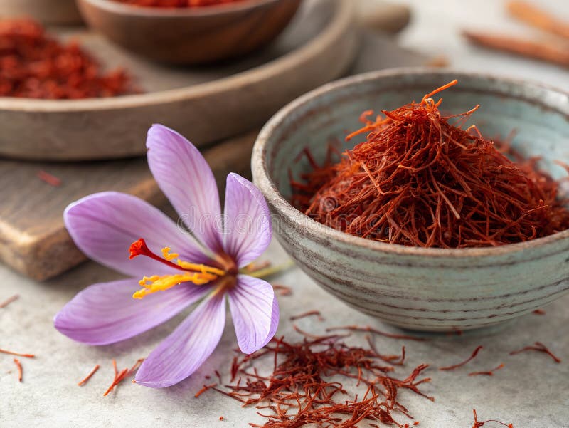 Rustic Bowl Filled with Dried Saffron Threads with Fresh Pink Flowers ...