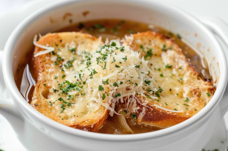 A Rustic Bowl of French Onion Soup with Melted Cheese and Herbs Stock ...