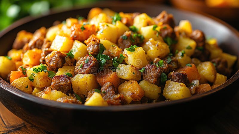 Rustic Bowl of Hearty Potato and Sausage Hash, Autumnal Setting Stock ...