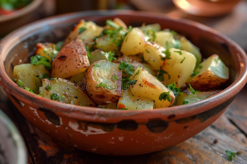 Rustic Bowl Overflowing with Roasted Potatoes and Fresh Herbs Stock ...