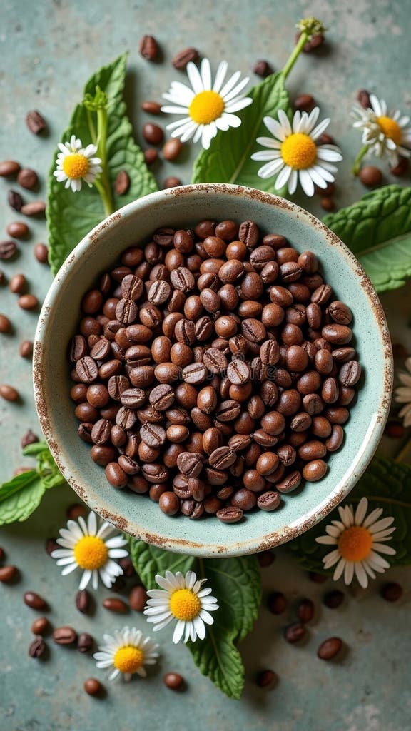 Rustic Bowl of Roasted Coffee Beans with Chamomile and Mint on Textured Surface Stock Image ...