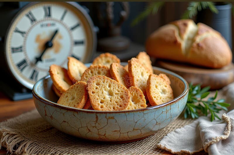 Rustic Bowl of Sliced Bread Rusk with Vintage Clock in Cozy Kitchen ...