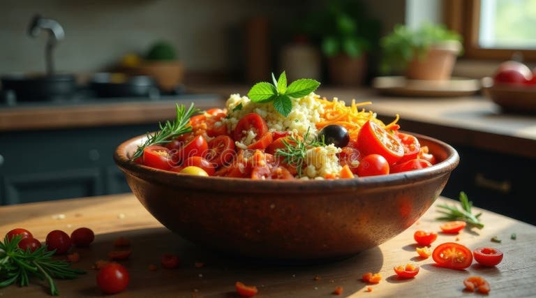 A Rustic Bowl of Sunlit Tomato and Herb Salad with Creamy Grain. Generative AI Stock ...