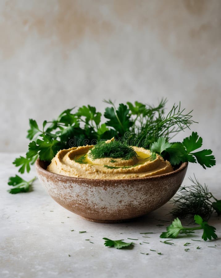 Rustic Bowls of Hummus Garnished with Fresh Herbs Stock Photo - Image ...