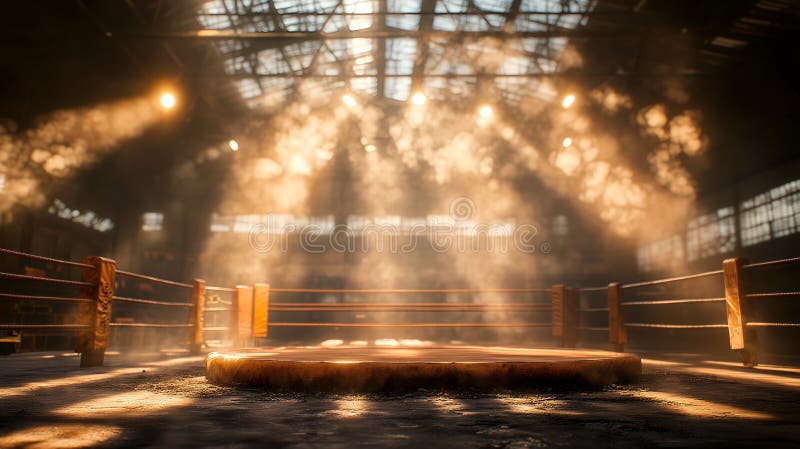 A Rustic Boxing Ring Interior with Smoky Atmosphere and a Wooden ...