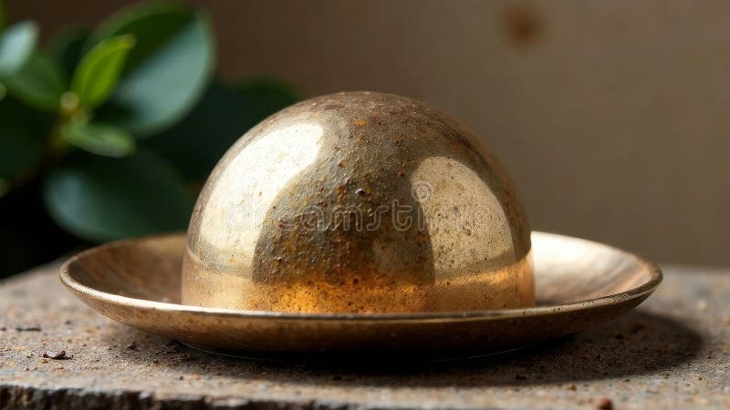 Rustic Brass Sphere on Stone Plate with Greenery Background Stock ...