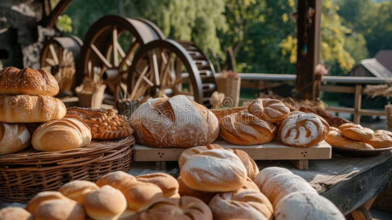 Rustic Bread Assortment on Outdoor Table Stock Image - Image of fresh ...
