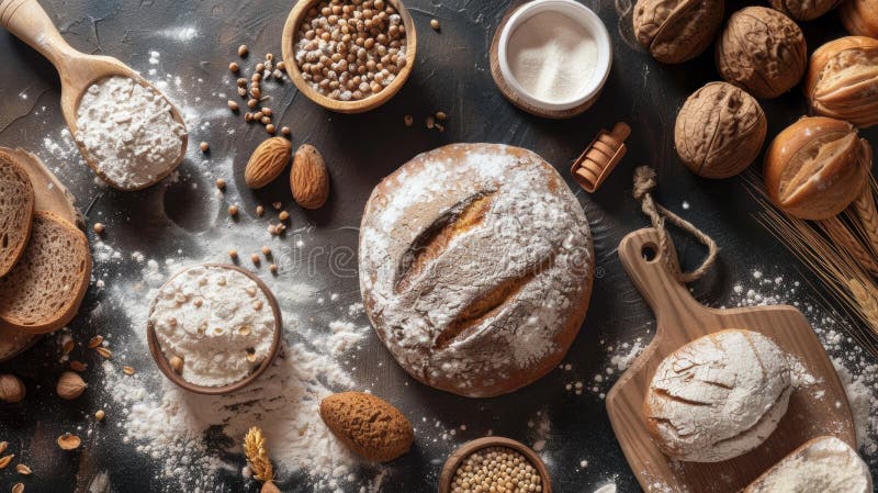 Rustic Bread and Baking Ingredients Stock Photo - Image of dark ...