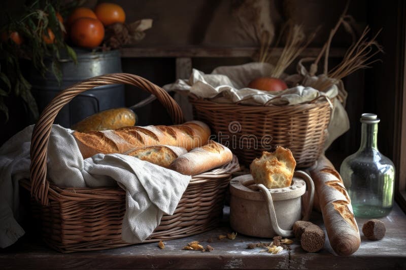 A Rustic Bread Basket Filled with Crumbly Rolls and Crusty Baguettes ...