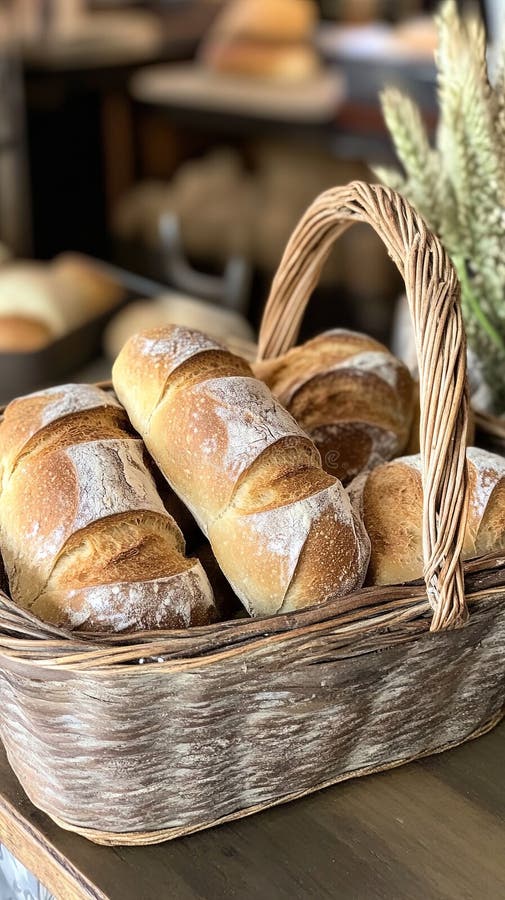 A Rustic Bread Basket Filled with Freshly Baked Loaves and Rolls Stock ...