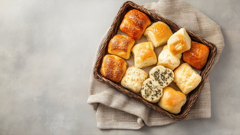 Rustic Bread Basket Filled with a Variety of Assorted Fresh Breads and ...