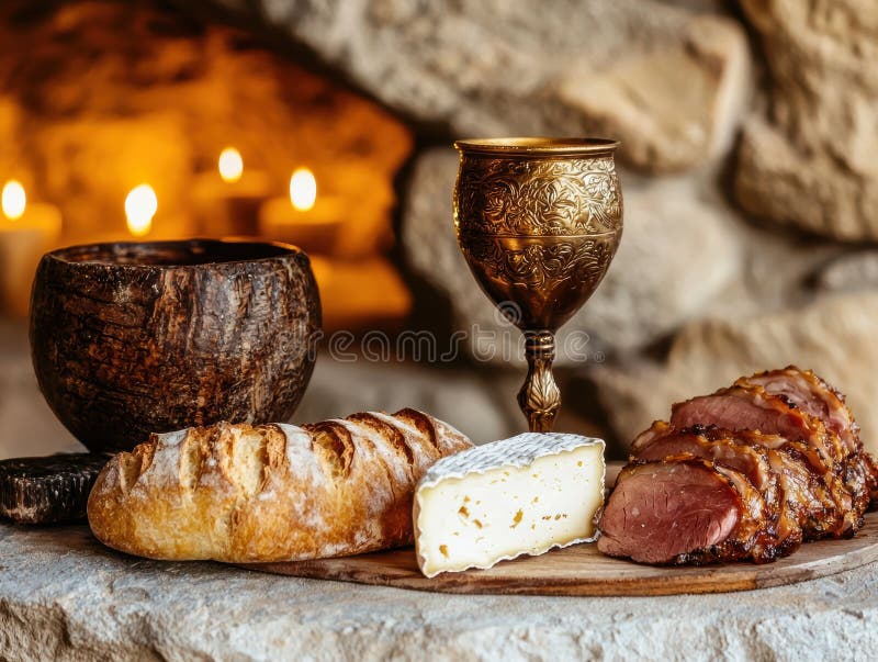Rustic Bread, Cheese, and Meat Platter with Ornate Goblet Stock ...