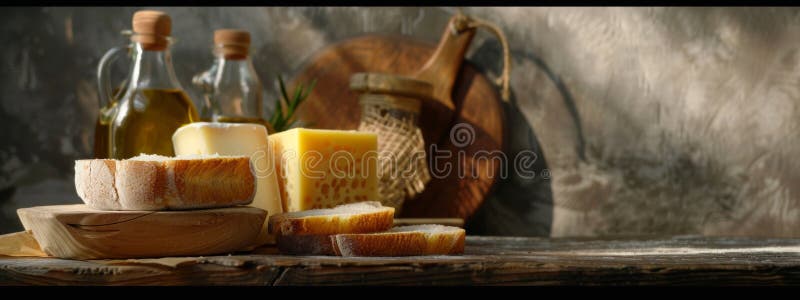 Rustic Bread and Cheese Slices with Olive Oil Bottles Stock Image ...