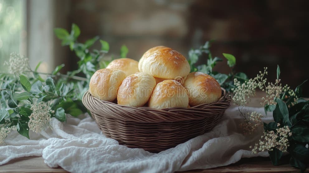 Rustic Bread Display, a Basket of Warm Bread Rolls on a Farmhouse Table ...