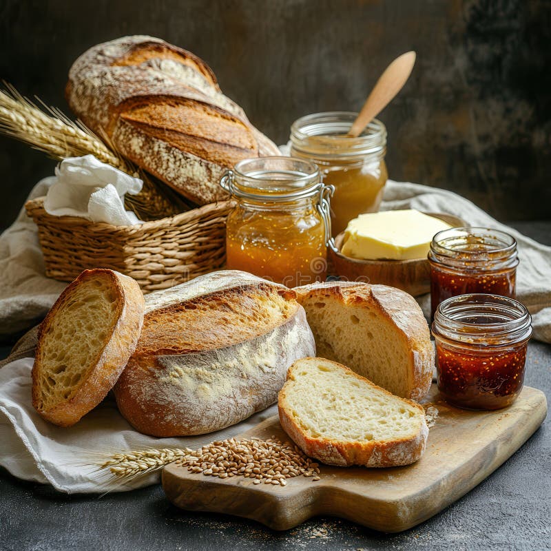 Rustic Bread Display with Homemade Jams and Butter Creating a Warm ...