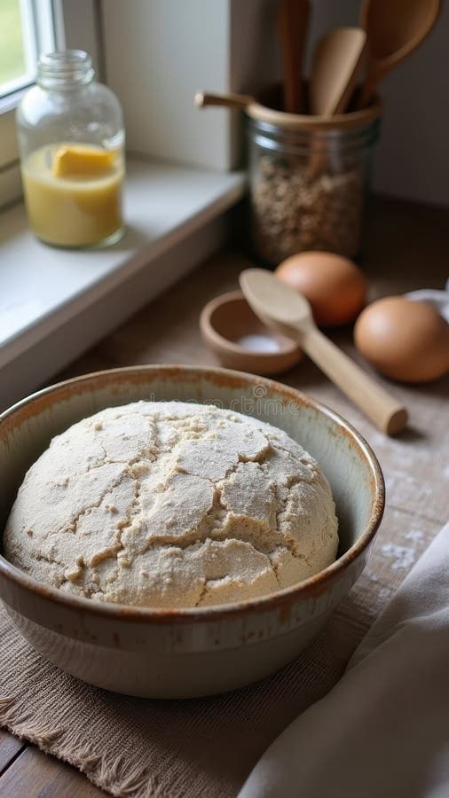 Rustic Bread Dough Rising in Bowl with Kitchen Utensils and Ingredients ...