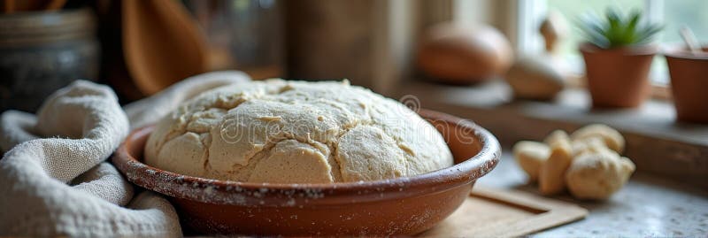 Rustic Bread Dough Rising in Terra Cotta Bowl on Kitchen Counter Stock ...