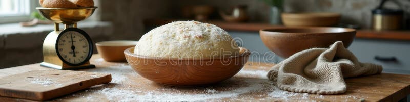 Rustic Bread Dough Rising in Wooden Bowl on Kitchen Countertop Stock ...