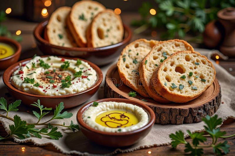 Rustic Bread and Hummus with Olive Oil and Herbs on a Wooden Platter ...