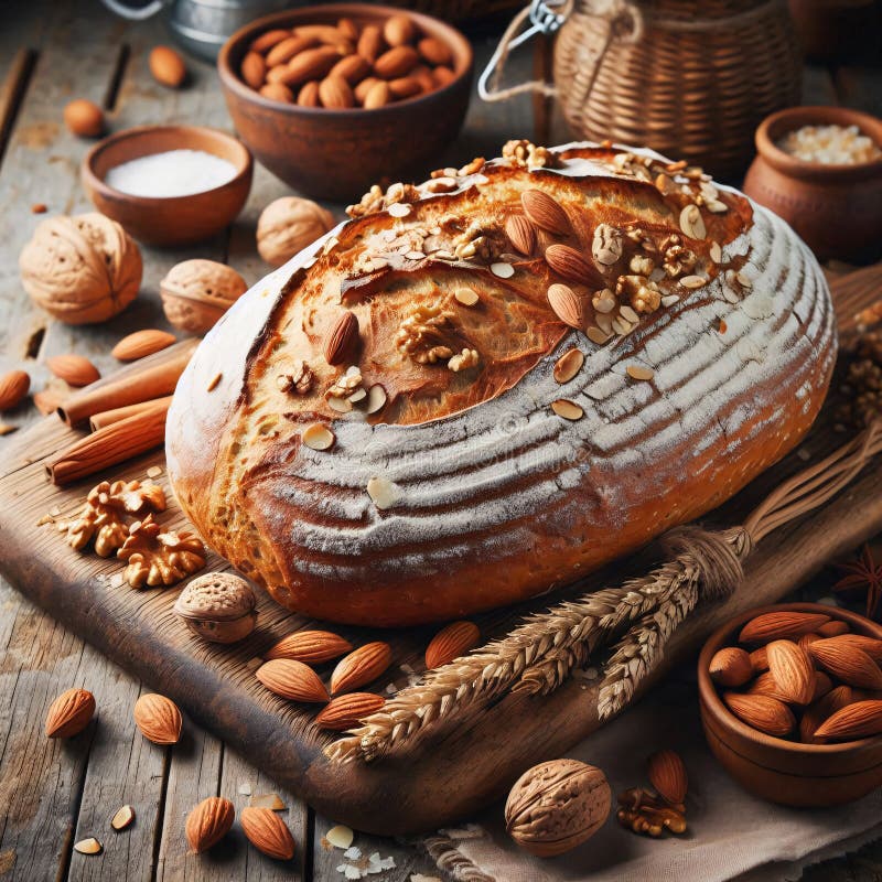 A Rustic Bread Loaf Adorned with Nuts Rests on a Wooden Table, Evoking ...